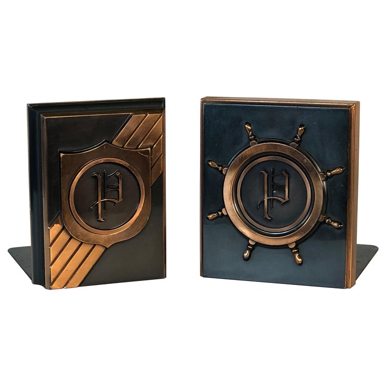 1960s Copper Monogrammed Bookends, Pair For Sale at 1stDibs