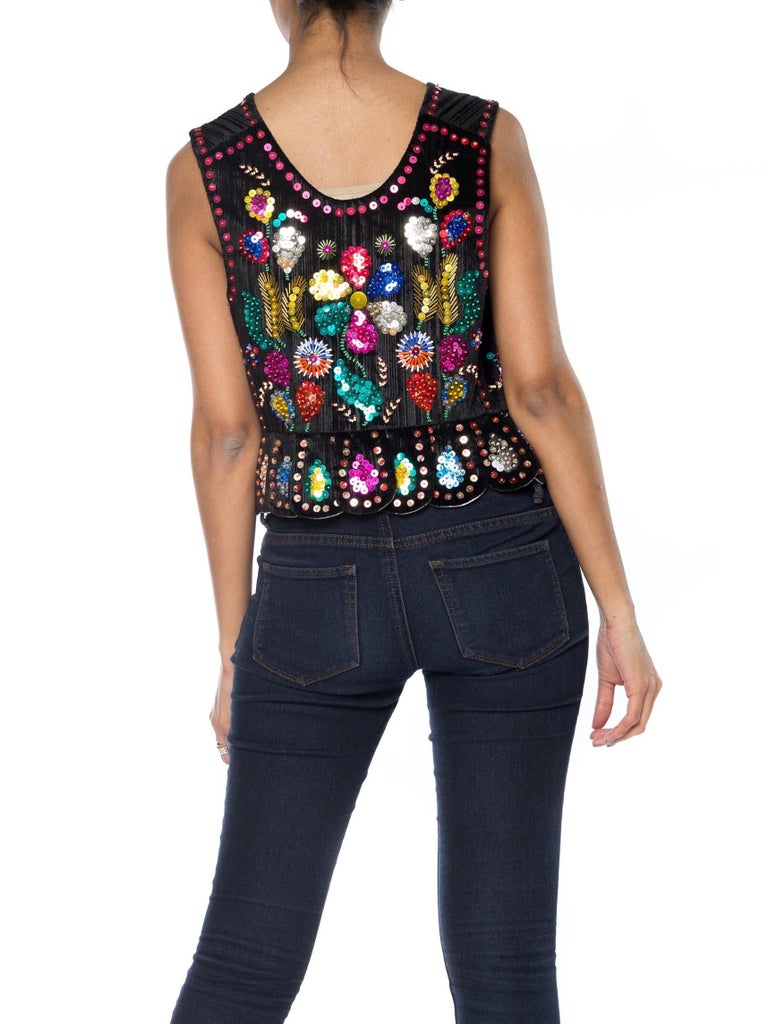 1960S Black Rayon and Cotton Velvet Boho Lace-Up Top Beaded With ...