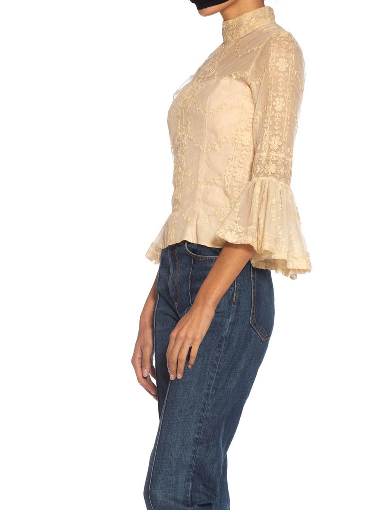 1960S Cream Silk and Cotton Top Made From Antique Lace For Sale at 1stDibs