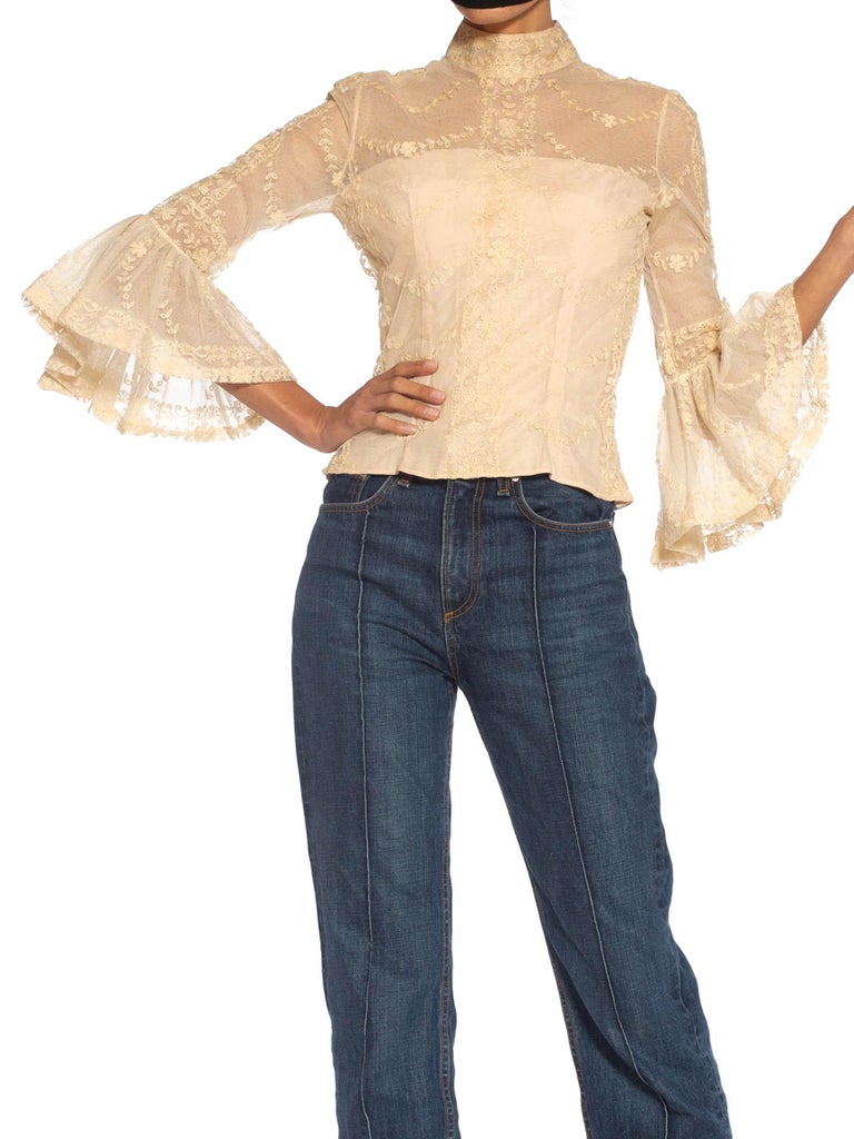 1960S Cream Silk and Cotton Top Made From Antique Lace For Sale at 1stDibs