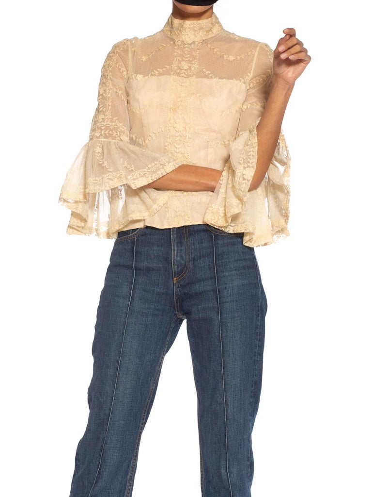 1960S Cream Silk and Cotton Top Made From Antique Lace For Sale at 1stDibs
