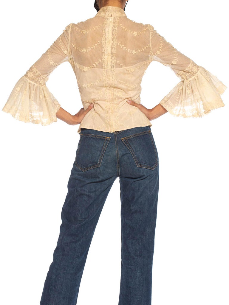 1960S Cream Silk and Cotton Top Made From Antique Lace For Sale at 1stDibs