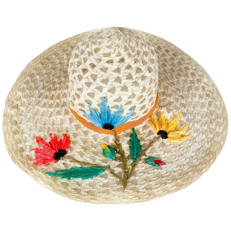 1960s Creme Raffia Beach Hat with Raffia Flower Embroidery For Sale at ...