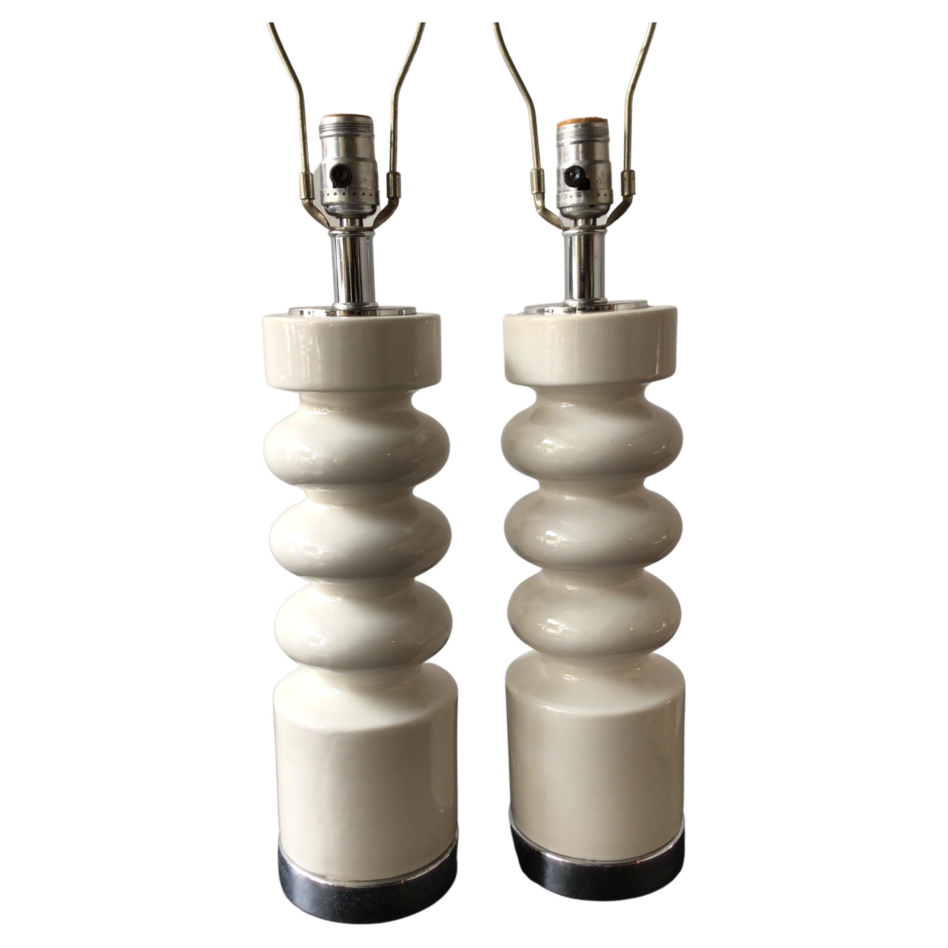 Large 1960s “Groovy” White Orange and Gold Ceramic Lamp on Wood Base ...