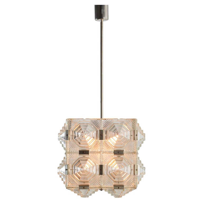 1960s Czech Metal and Glass Pendant Lamp For Sale at 1stDibs