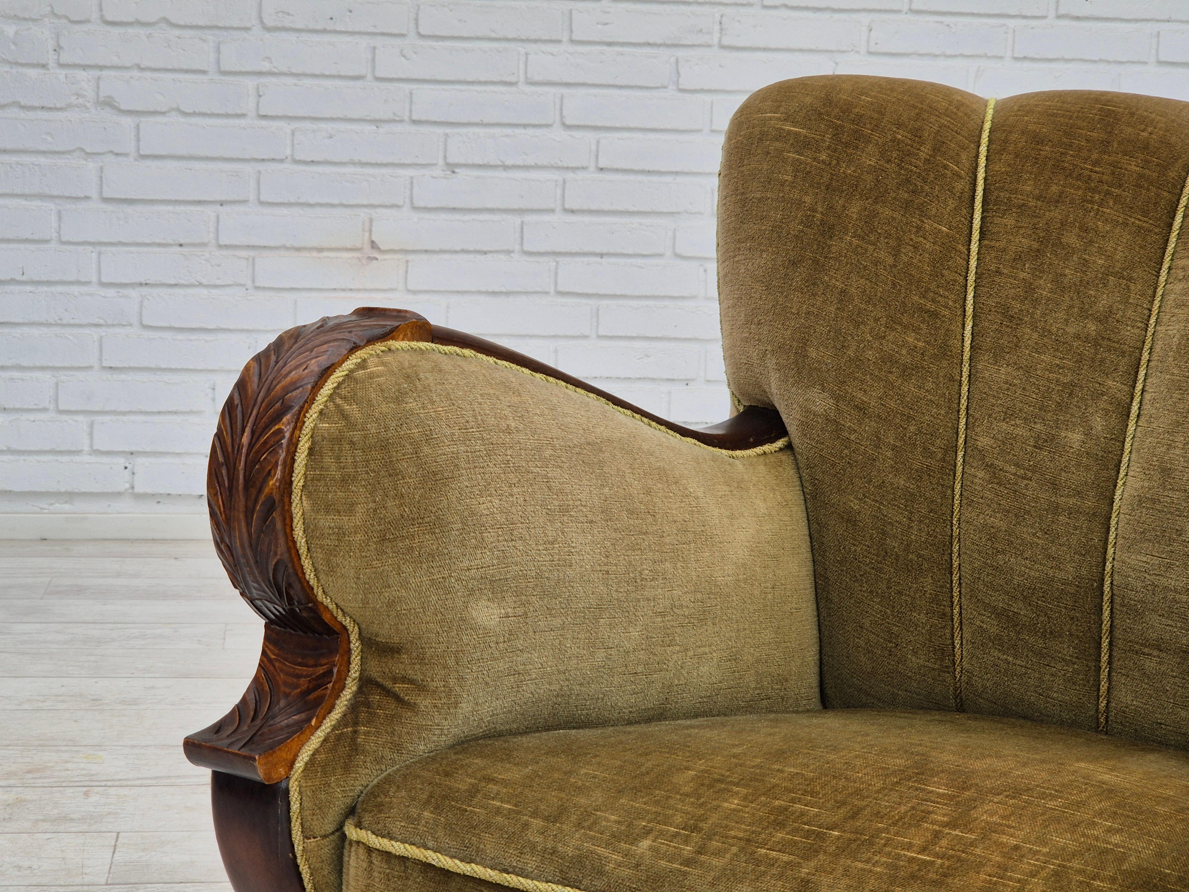 1960s, Danish vintage armchair, furniture velour, dark beech wood. For Sale at 1stDibs