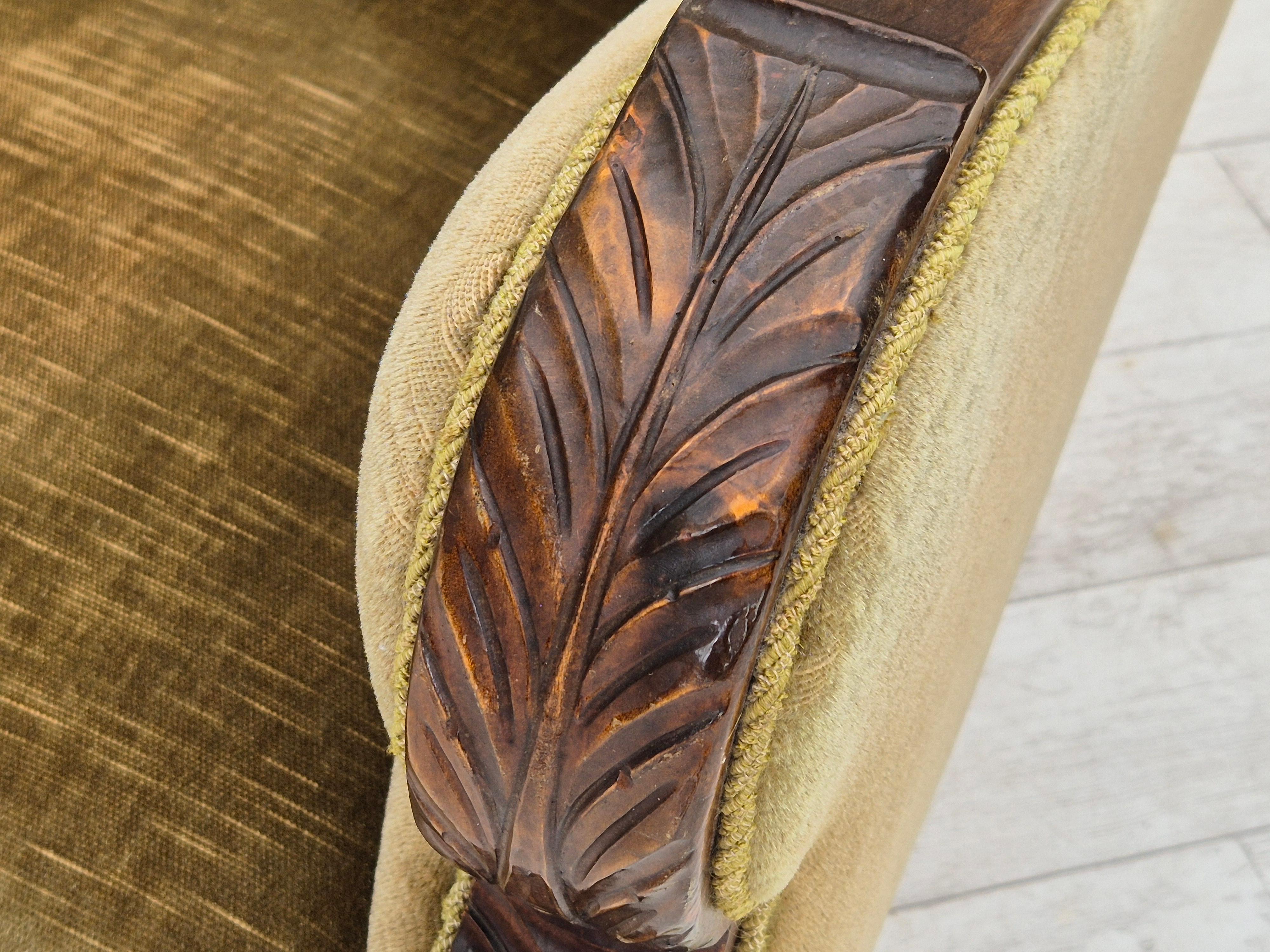 1960s, Danish vintage armchair, furniture velour, dark beech wood. For Sale at 1stDibs