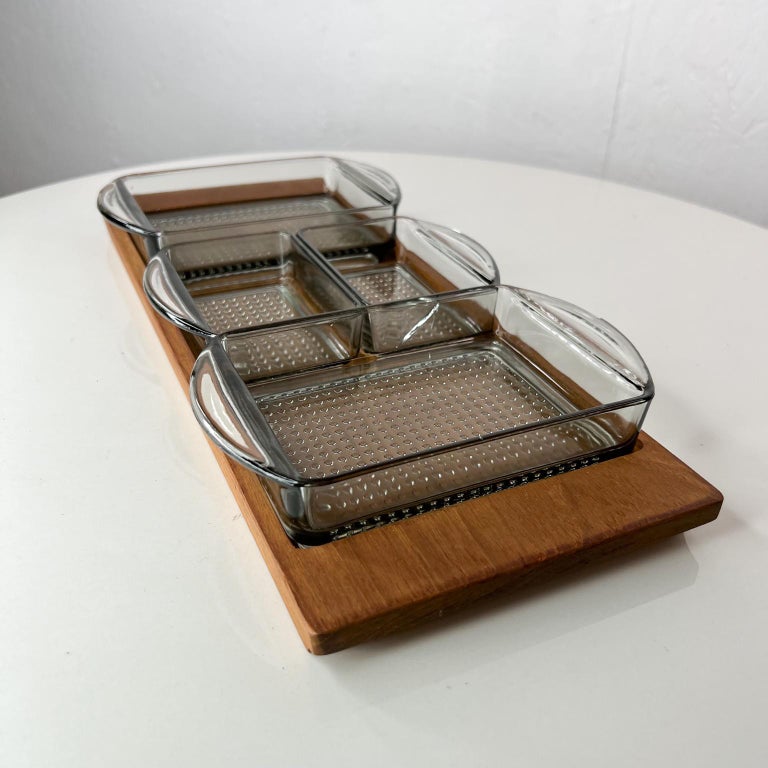 1960s Denmark Serving Snack Tray Set Teak and Glass Lüthje Wood Denmark ...