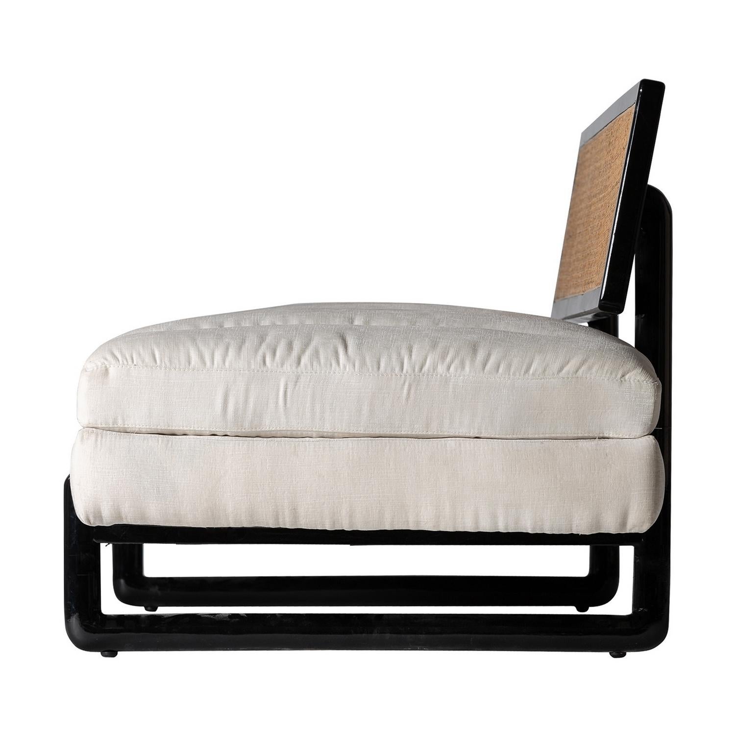 1960s Design MCM Style Black Lacquer Wooden with Cane Back and Beige ...