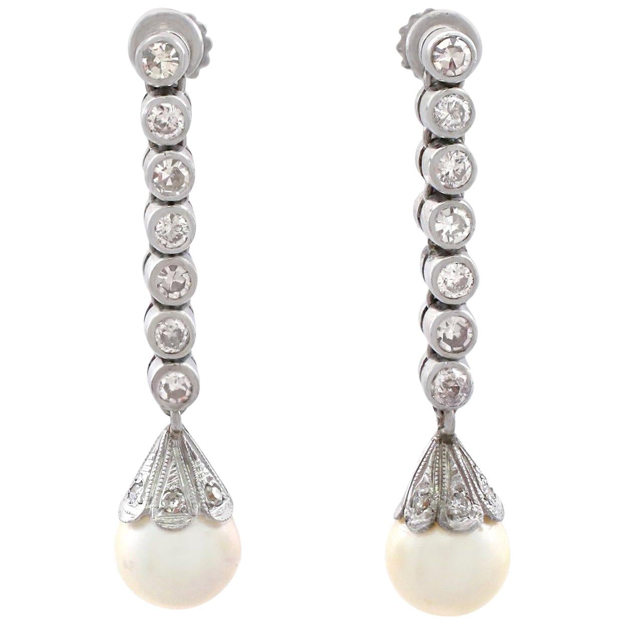 White Gold and Diamond and Cultured Pearl Drop Earrings at 1stDibs