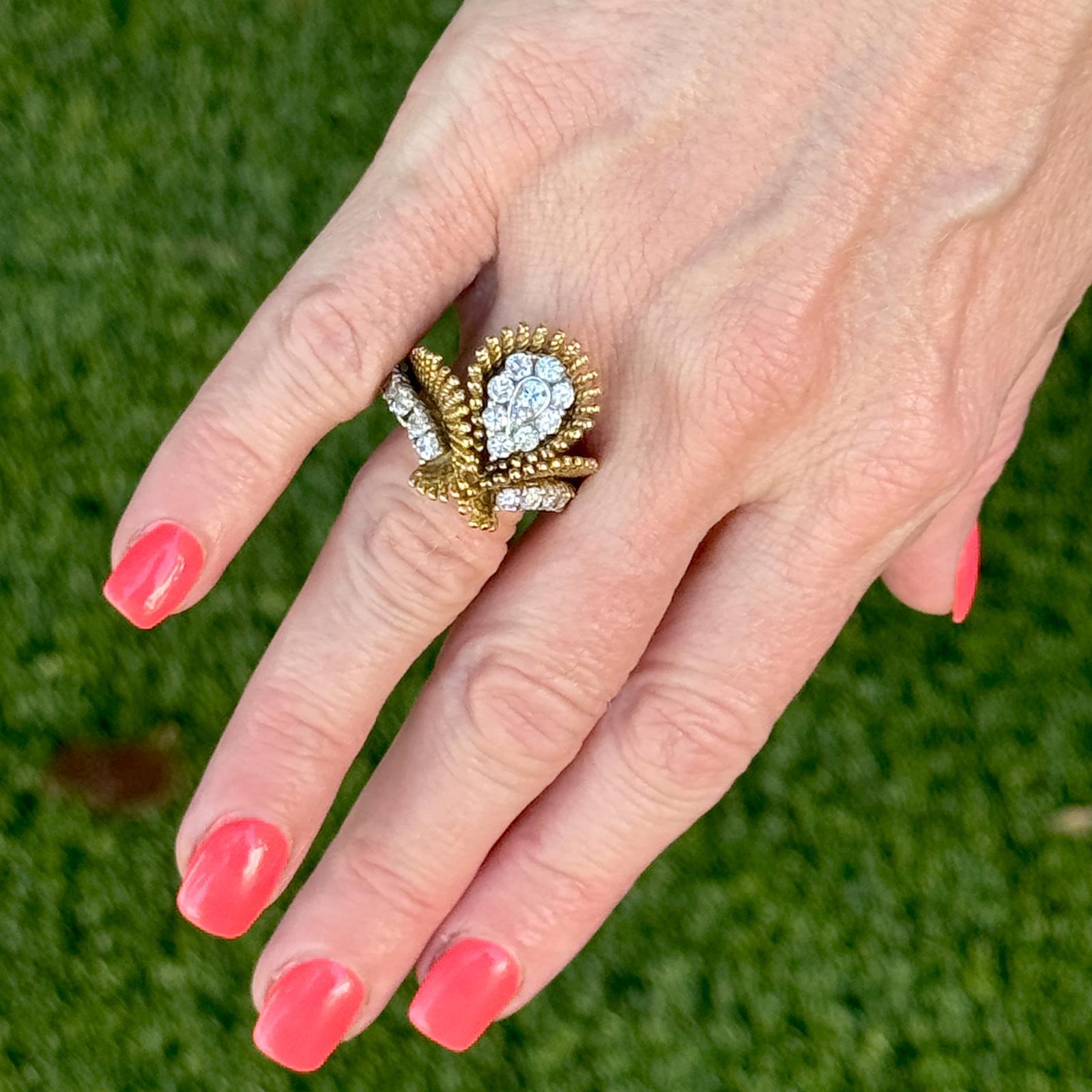 1960's Diamond Textured 18 Karat Yellow Gold Milgrain Contemporary Ring ...