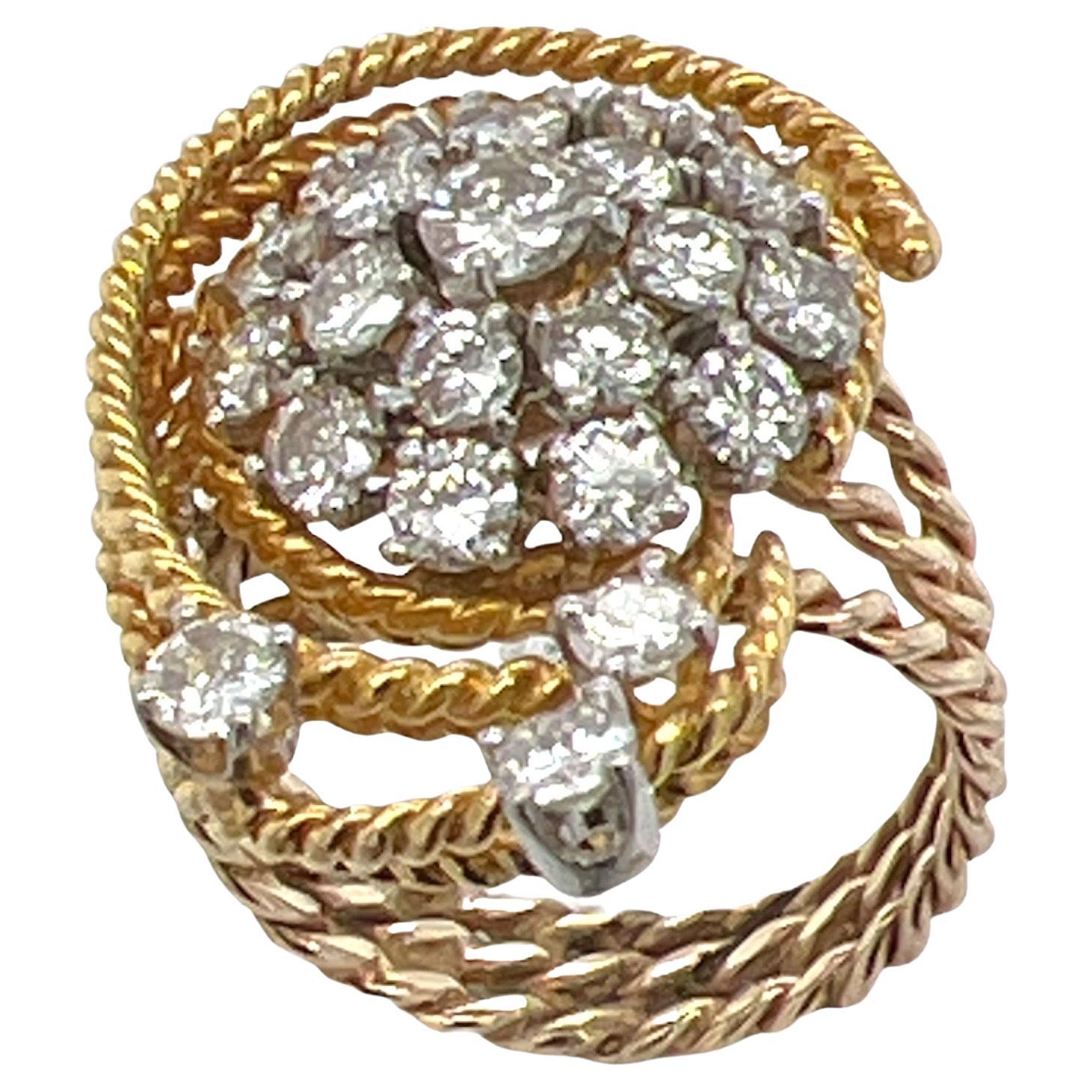 1960s French magnificent coral diamond gold swirl ring For Sale at 1stDibs