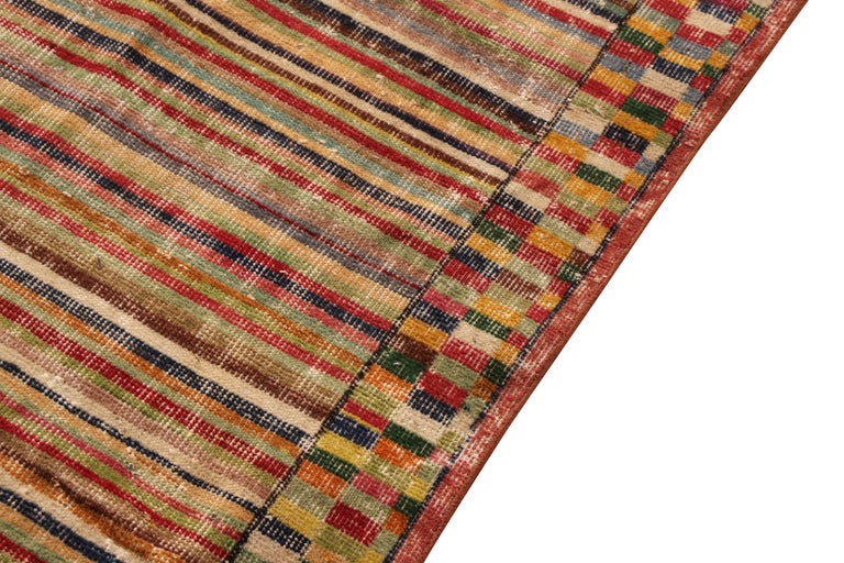 1960s Distressed Midcentury Rug Beige Red Multi-Color Vintage Striped ...