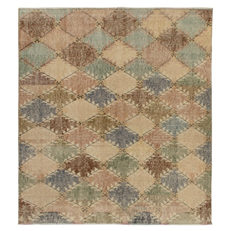 1960s Distressed Vintage Rug in Beige-Brown, Blue Diamond Pattern by ...
