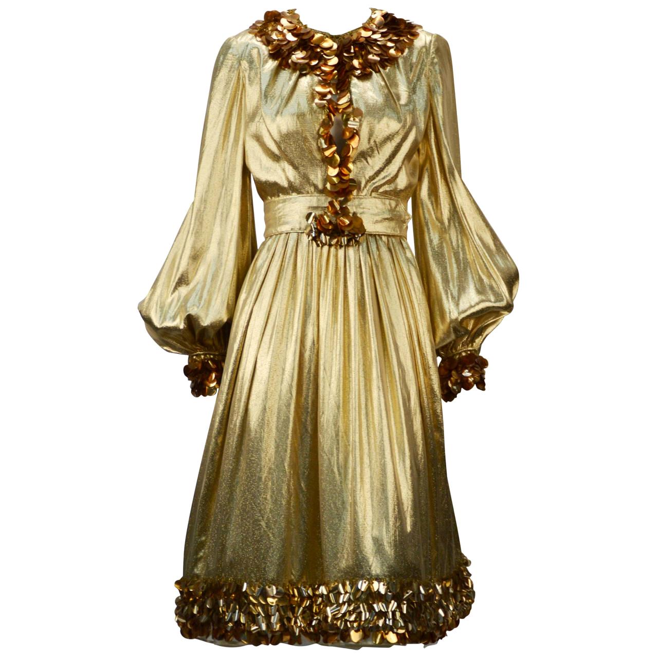 1960s Donald Brooks Gold Metallic Evening Dress with Sequin and Beaded ...