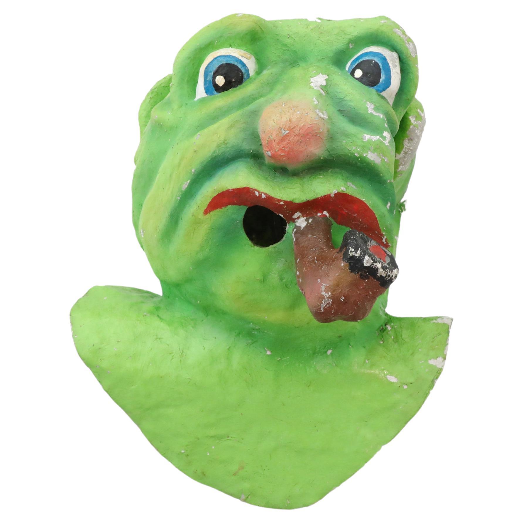 1960s Dutch Papier Mache Green Monster with Pipe Carnival Parade Head ...
