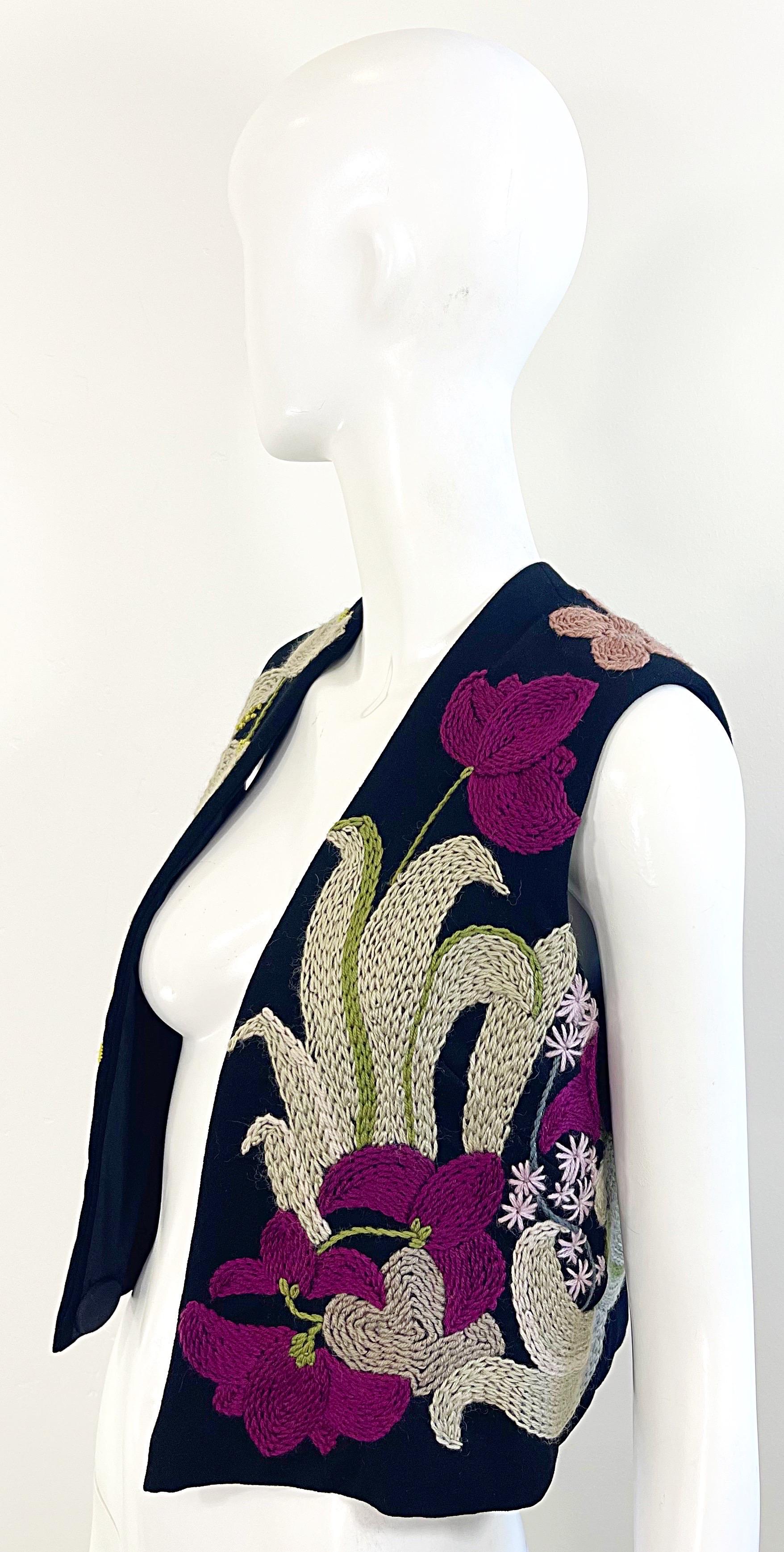 1960s Embroidered Colorful Flowers Mod Black Vintage 60s Cropped Vest ...