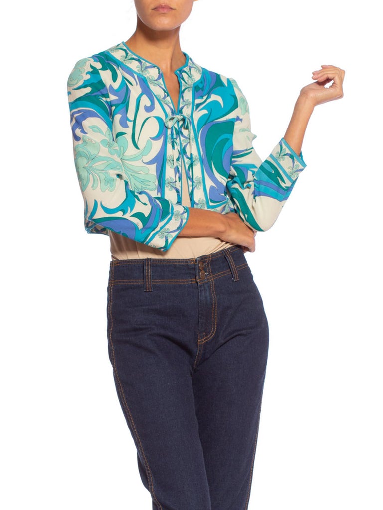 1960S EMILIO PUCCI Turquoise and White Silk Floral Psychedelic Cropped Jacket Top at 1stDibs