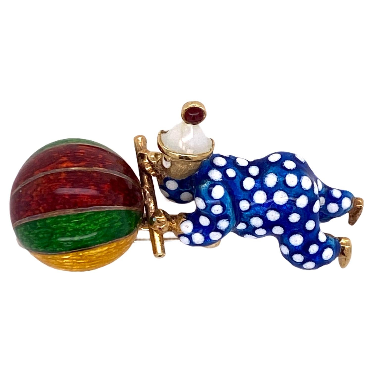 Enamel Ruby Gold Clown Brooch at 1stDibs