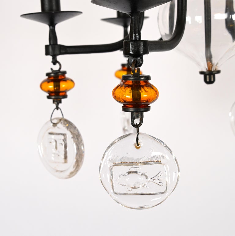 1960s Erik Hoglund Six Arm Orange Glass Chandelier For Sale at 1stDibs