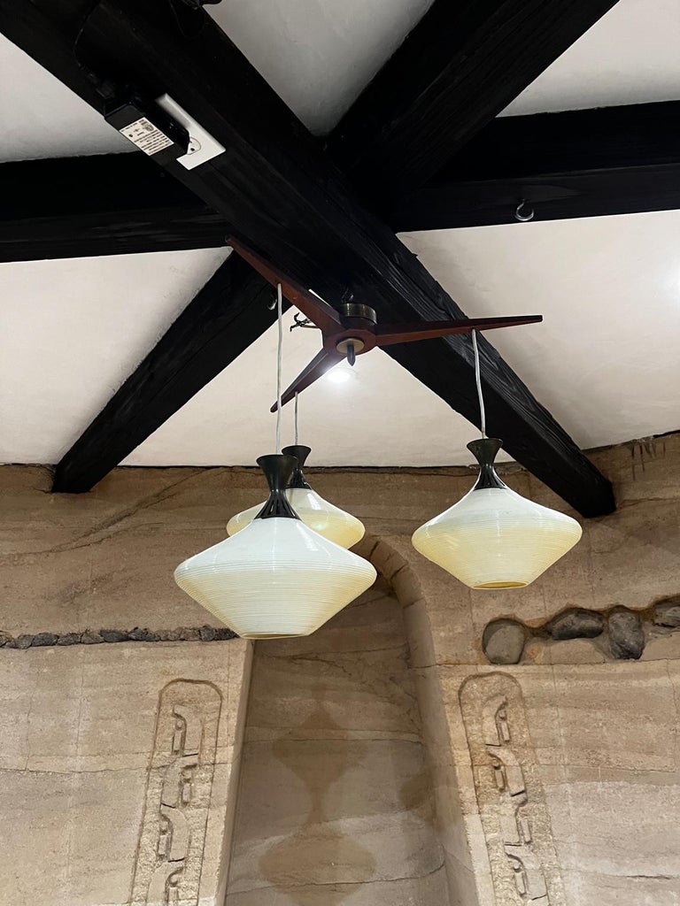 1960s Exquisite Mahogany Lamp Pendant Trio Ribbed Shade Style Rotoflex ...