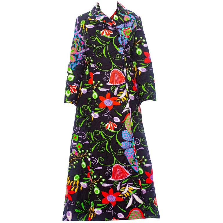 1960S Floral Psychedelic Cotton Sateen Maxi Duster Coat Montclair Style ...