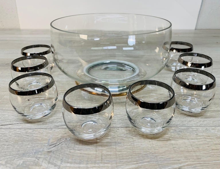1960s Footed Glass Punch Bowl and Tumblers, Set of 9 For Sale at 1stDibs