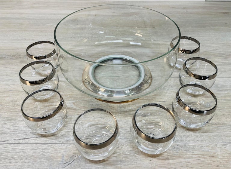 1960s Footed Glass Punch Bowl and Tumblers, Set of 9 For Sale at 1stDibs