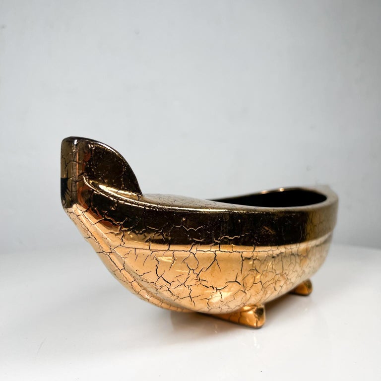 1960s Footed Ikebana Boat Vase Mottled Gold Ceramic For Sale at 1stDibs
