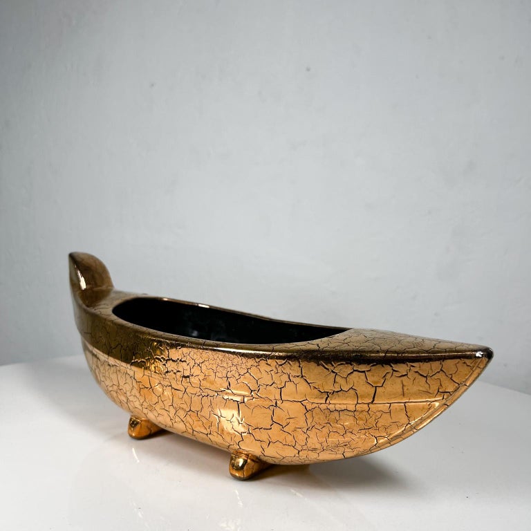 1960s Footed Ikebana Boat Vase Mottled Gold Ceramic For Sale at 1stDibs