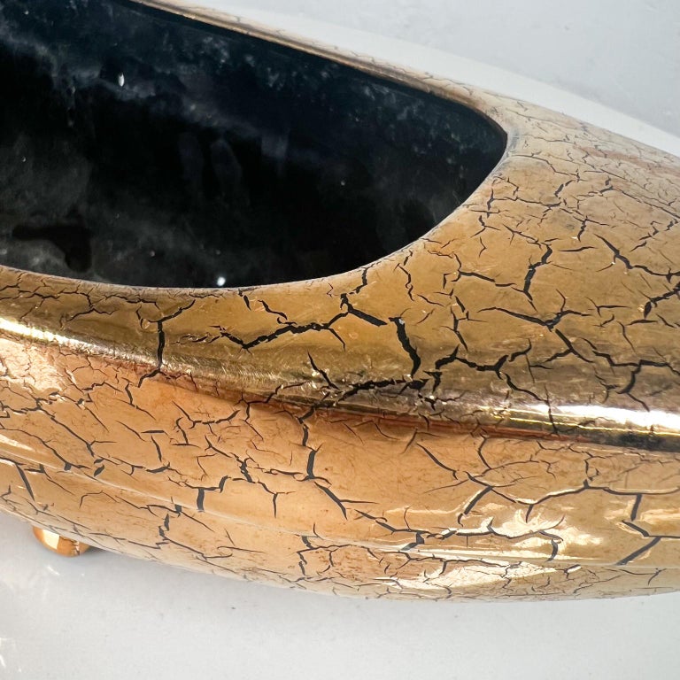 1960s Footed Ikebana Boat Vase Mottled Gold Ceramic For Sale at 1stDibs