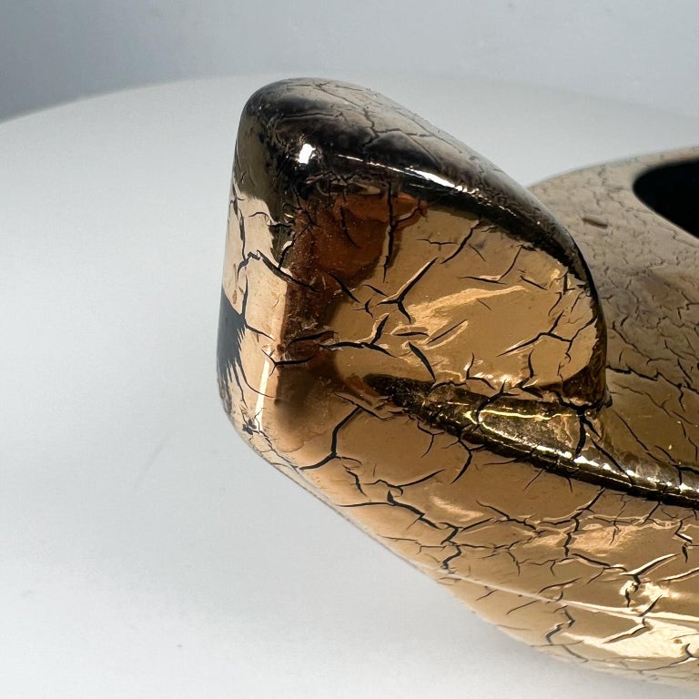 1960s Footed Ikebana Boat Vase Mottled Gold Ceramic For Sale at 1stDibs