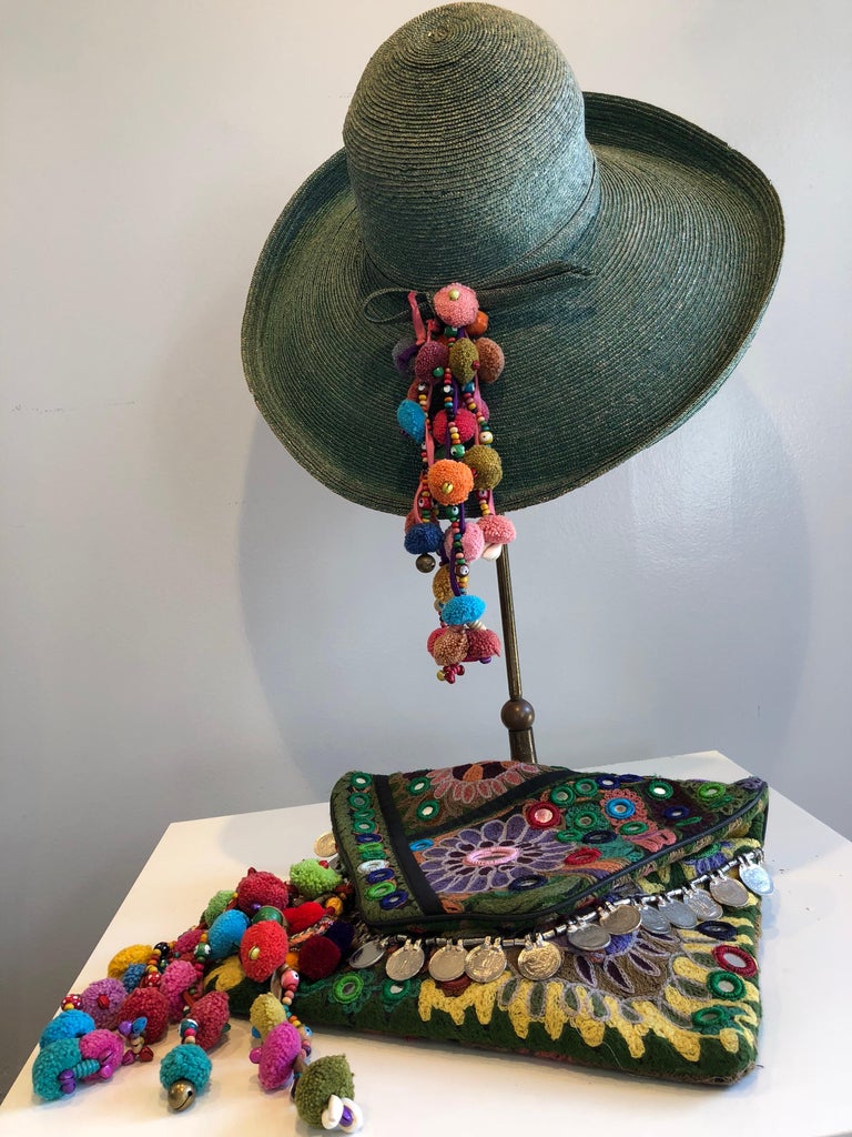 1960s Frank Olive Jade Green Straw Hat and Moroccan Textile Boho Clutch ...