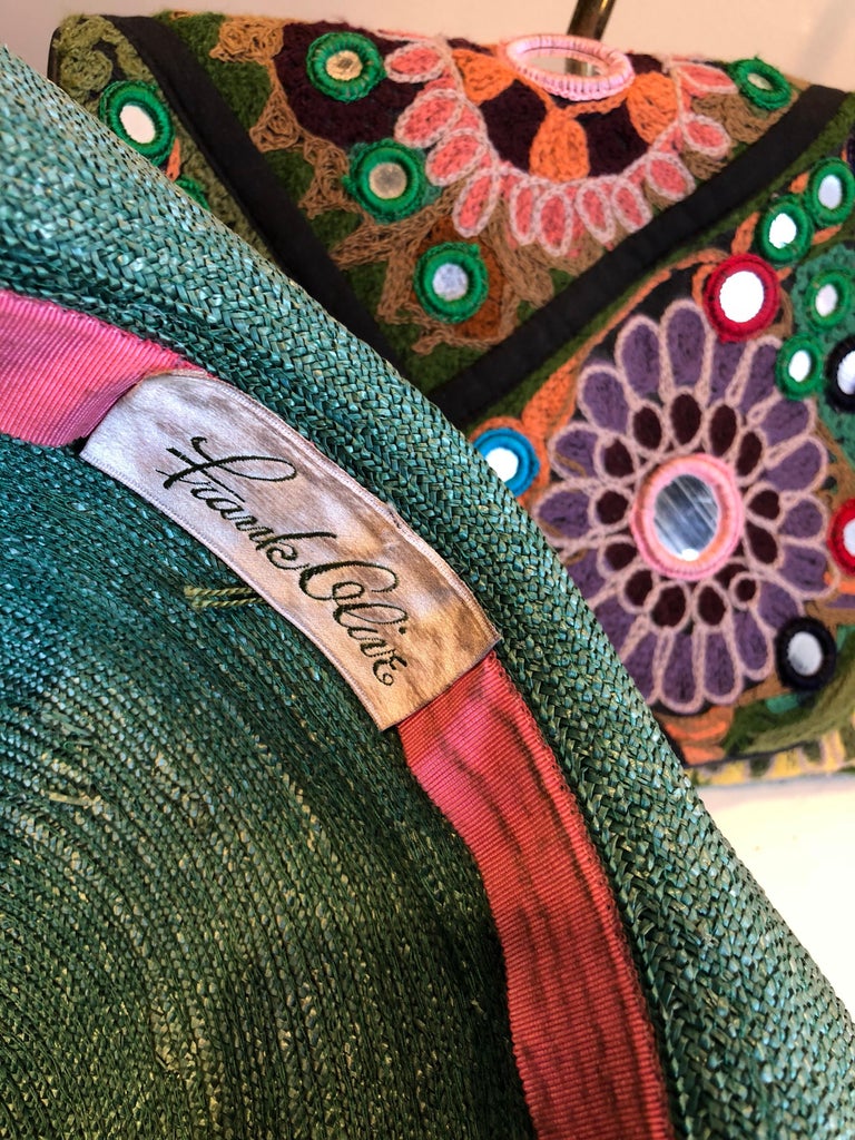 1960s Frank Olive Jade Green Straw Hat and Moroccan Textile Boho Clutch ...