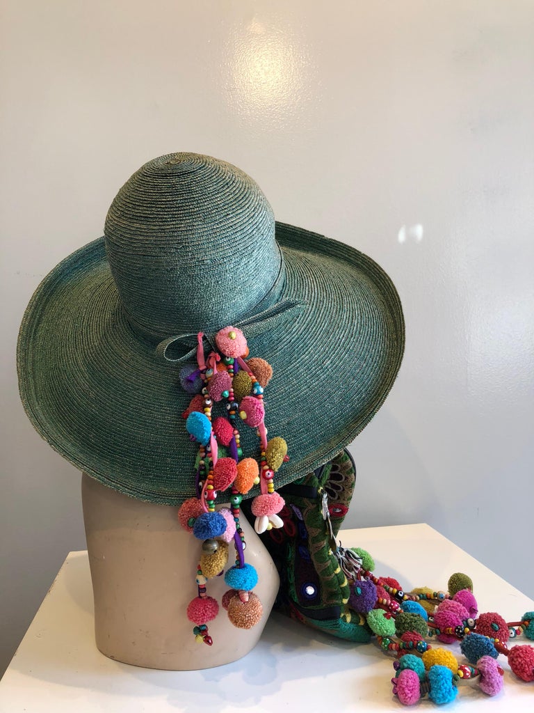 1960s Frank Olive Jade Green Straw Hat and Moroccan Textile Boho Clutch ...