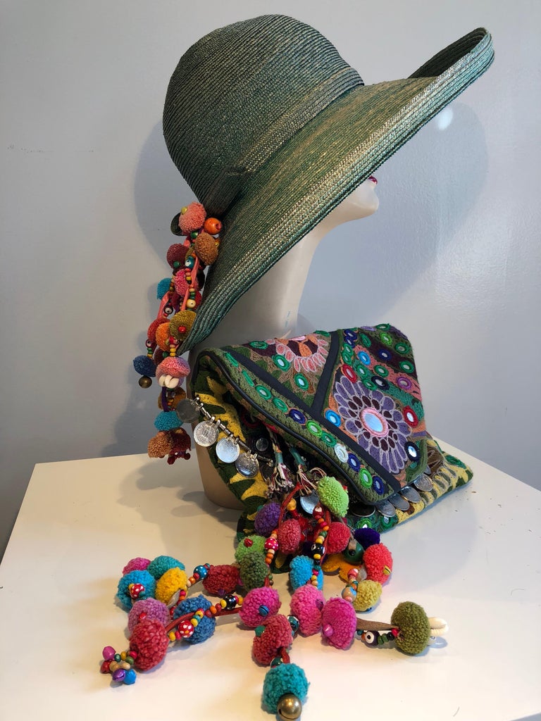 1960s Frank Olive Jade Green Straw Hat and Moroccan Textile Boho Clutch ...