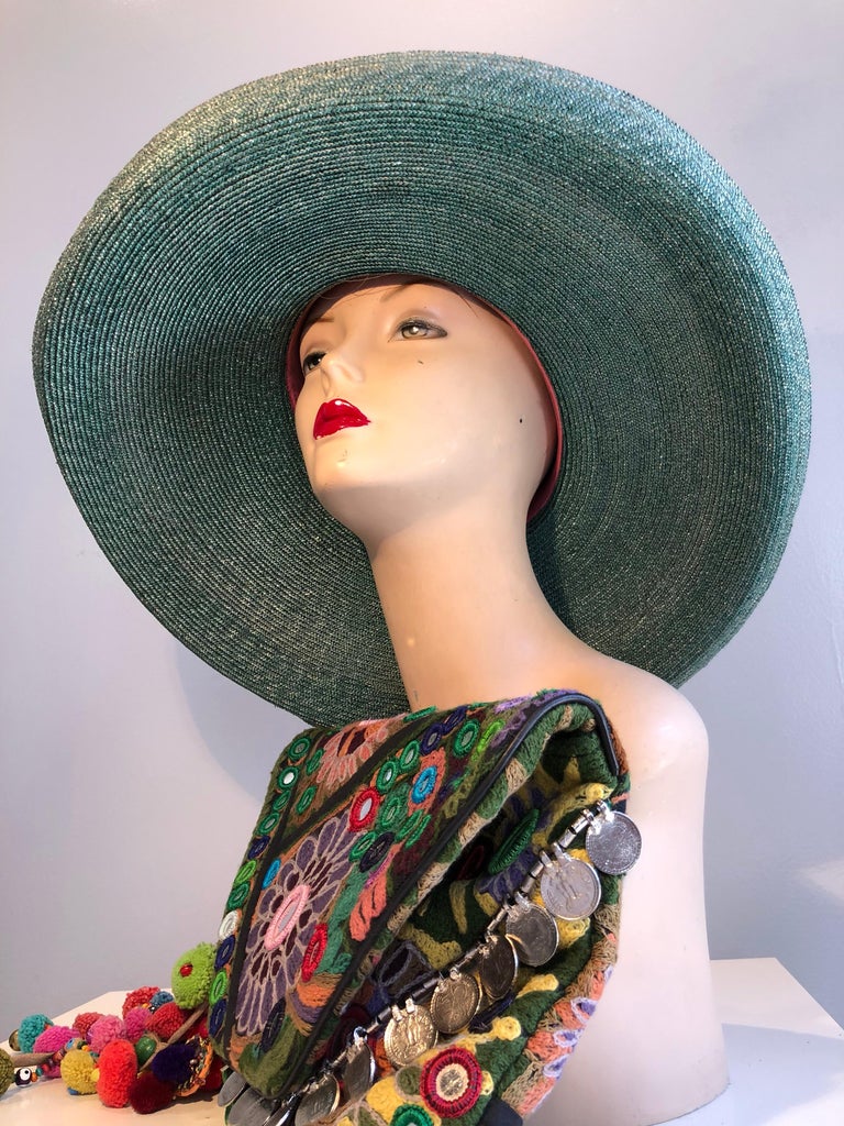 1960s Frank Olive Jade Green Straw Hat and Moroccan Textile Boho Clutch ...