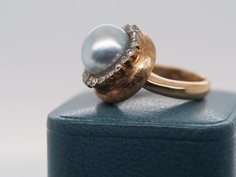 1960s Freeform Pearl and Old Mine Cut Diamond Halo Ring For Sale at 1stDibs