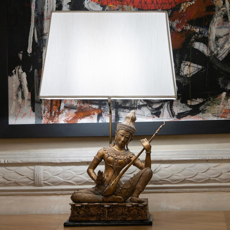 1960s French Brass Birman Buddha Figure Table Lamp, Wood Base at 1stDibs