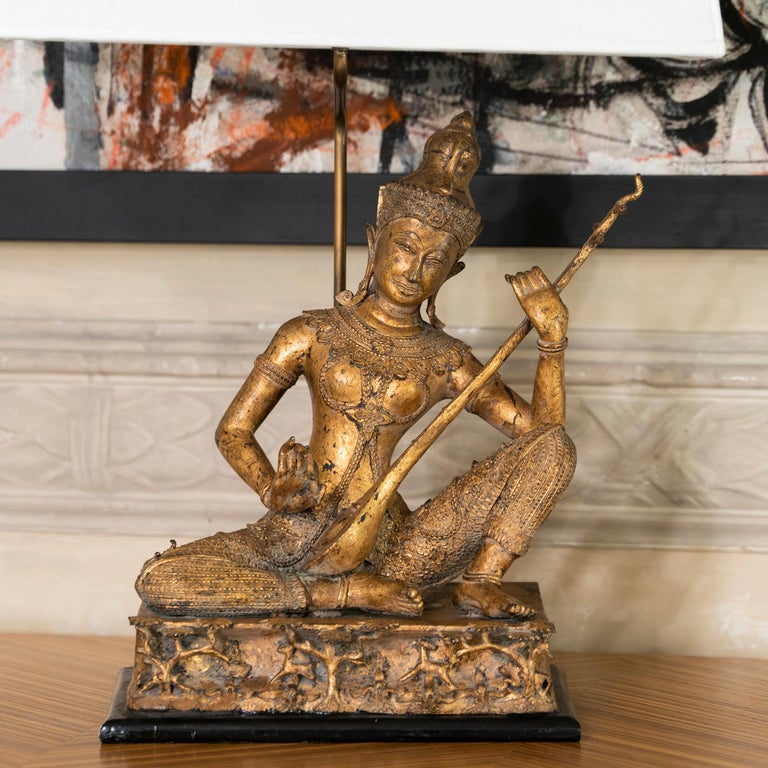 1960s French Brass Birman Buddha Figure Table Lamp, Wood Base at 1stDibs