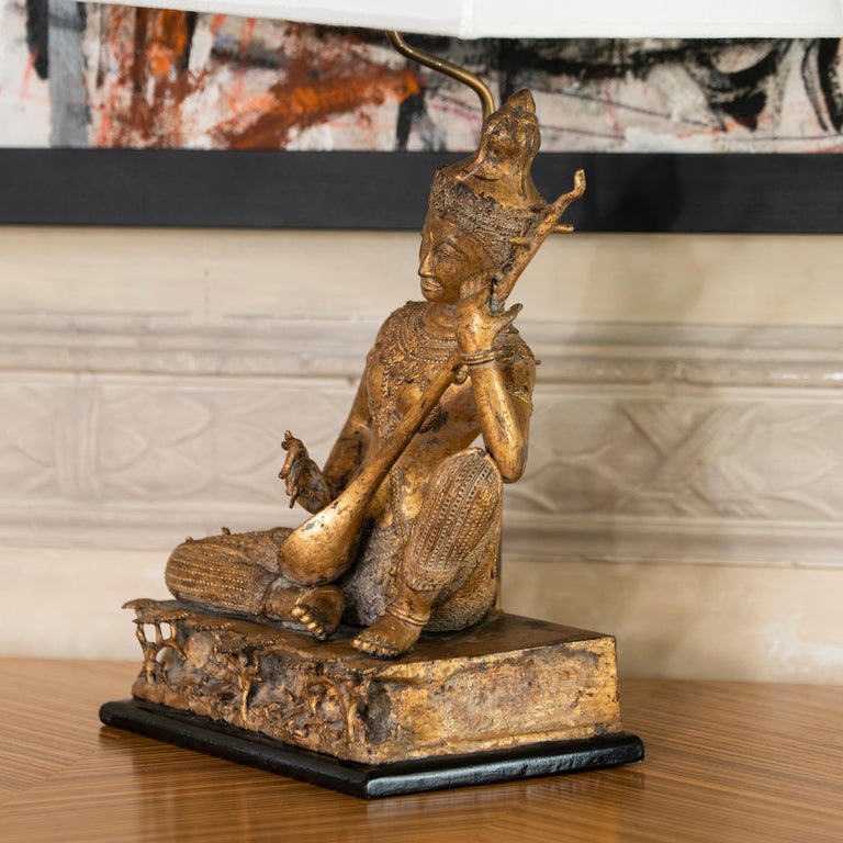 1960s French Brass Birman Buddha Figure Table Lamp, Wood Base at 1stDibs