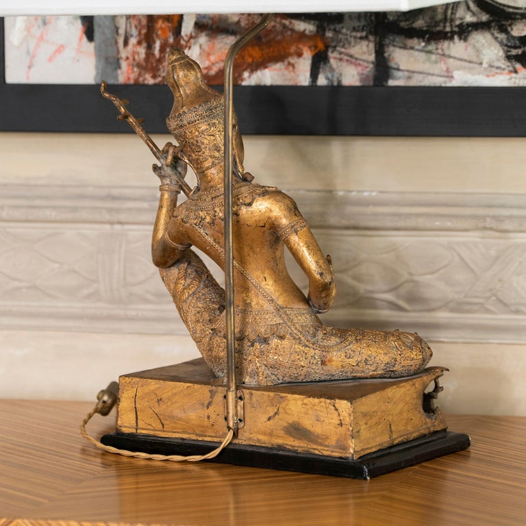 1960s French Brass Birman Buddha Figure Table Lamp, Wood Base at 1stDibs