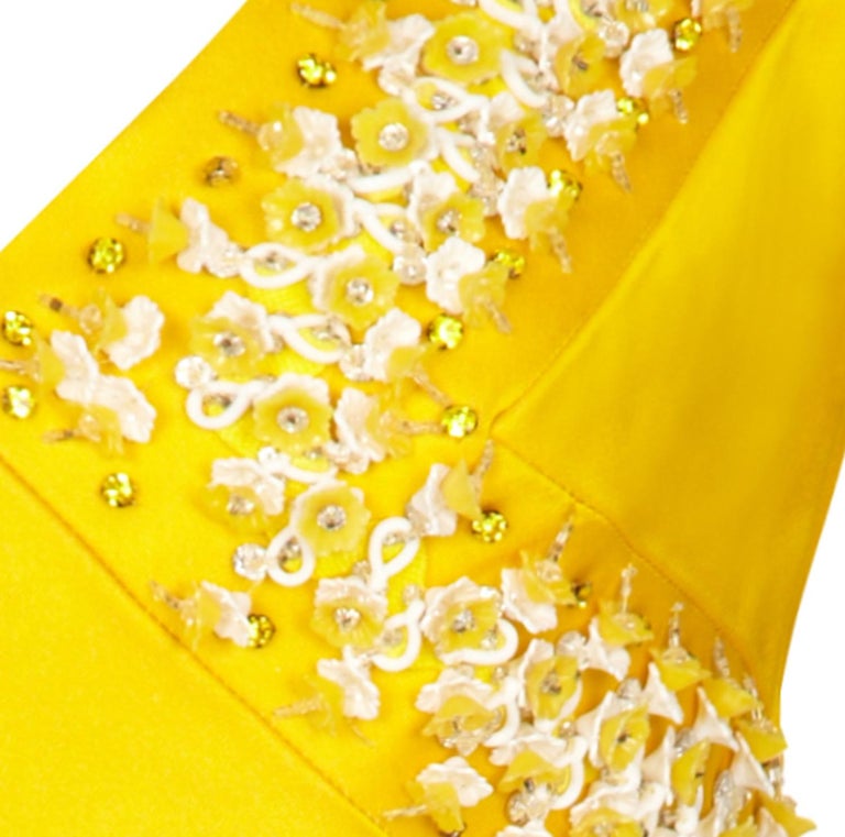 1960s French Couture Yellow Silk Dress with 3D Floral Beading For Sale ...