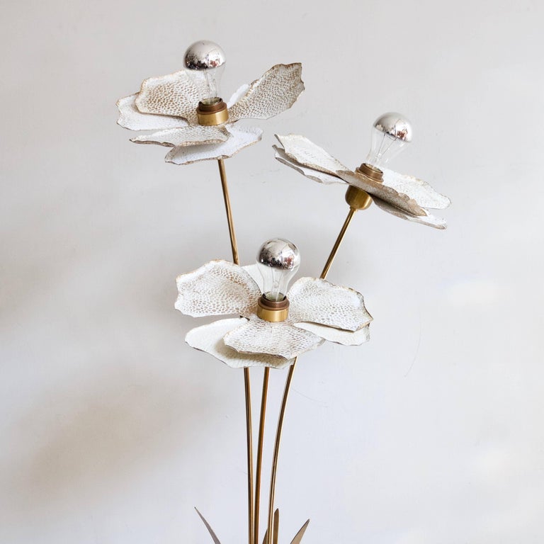 1960s French Floral Brass Floor Lamp with Three Textured Painted Brass ...