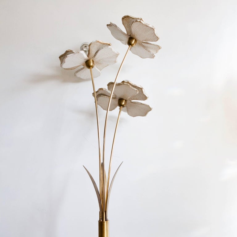 1960s French Floral Brass Floor Lamp with Three Textured Painted Brass ...