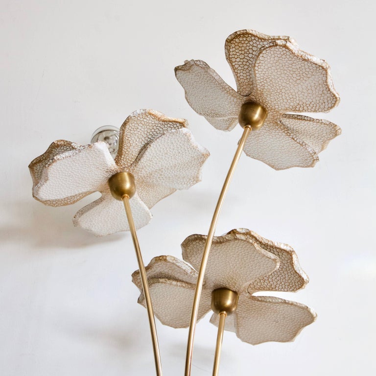 1960s French Floral Brass Floor Lamp with Three Textured Painted Brass ...