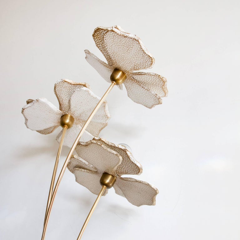 1960s French Floral Brass Floor Lamp with Three Textured Painted Brass ...