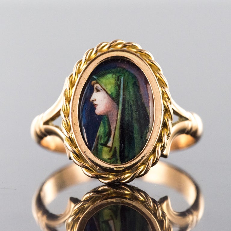 1960s French Limoges Enamel 18 Karat Yellow Gold Ring at 1stDibs