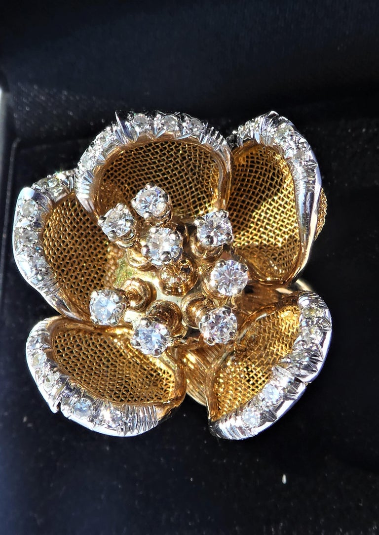 1960s French Retro Diamond 18 Karat Gold Flower Ring with Movable ...