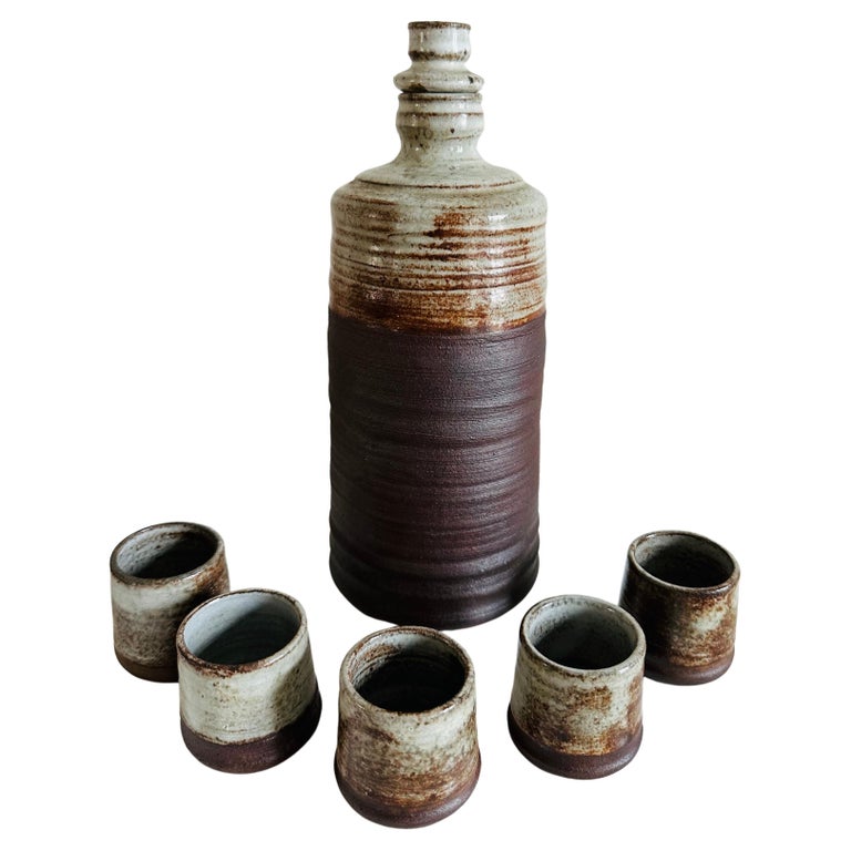 1960s French Studio Glazed Ceramic Pottery Bottle with Stopper and Five ...